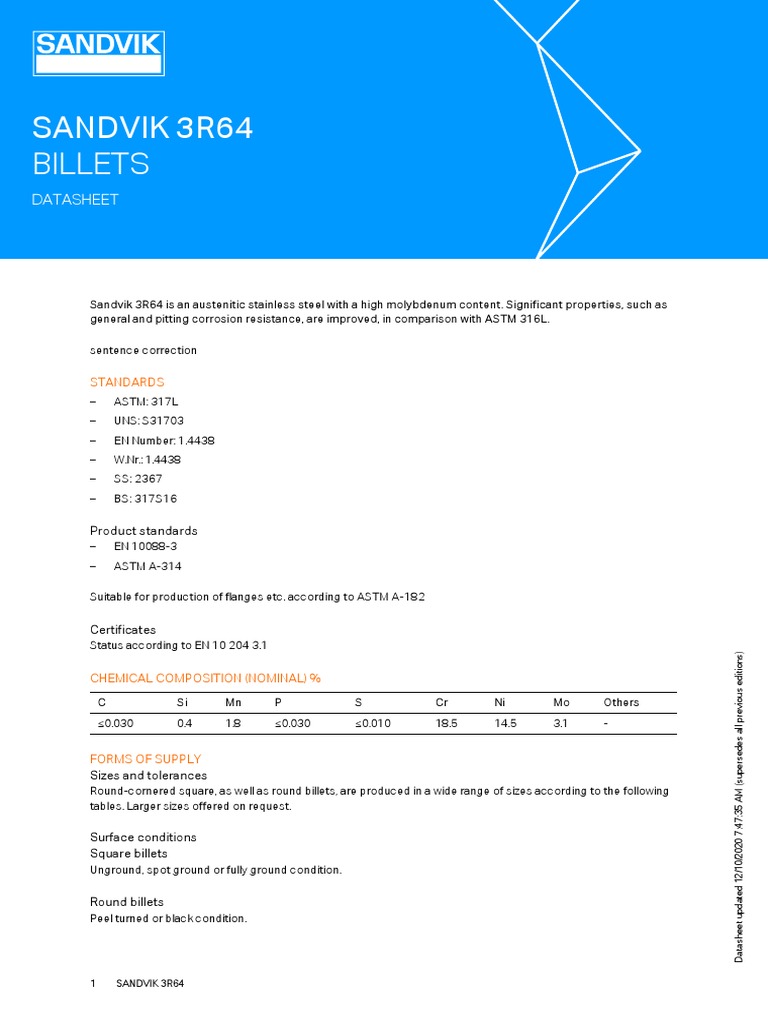 Sandvik 3R64 Stainless Steel Datasheet | PDF | Stainless Steel | Materials