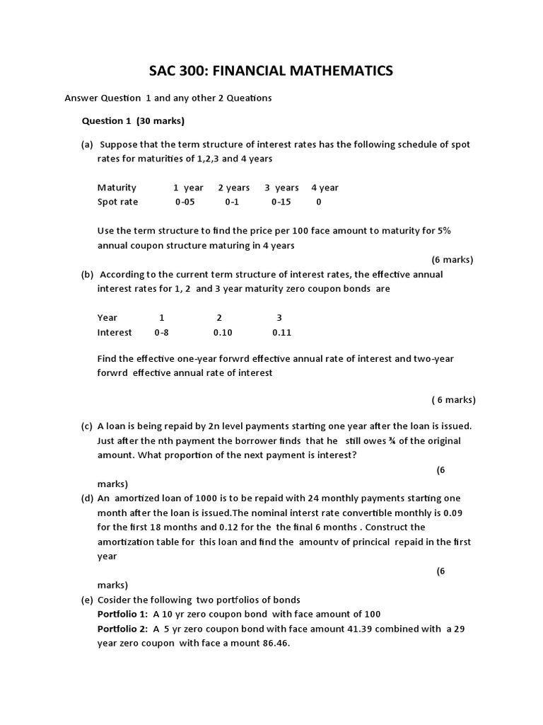 Financial Mathematics Exam Questions | PDF | Bond Duration | Bonds ...