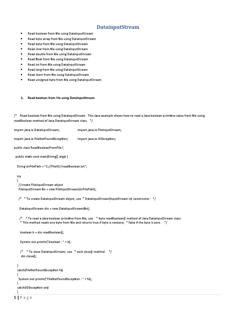 Datainputstream 1 Read Boolean From File Using Datainputstream Pdf Programming Computer File 