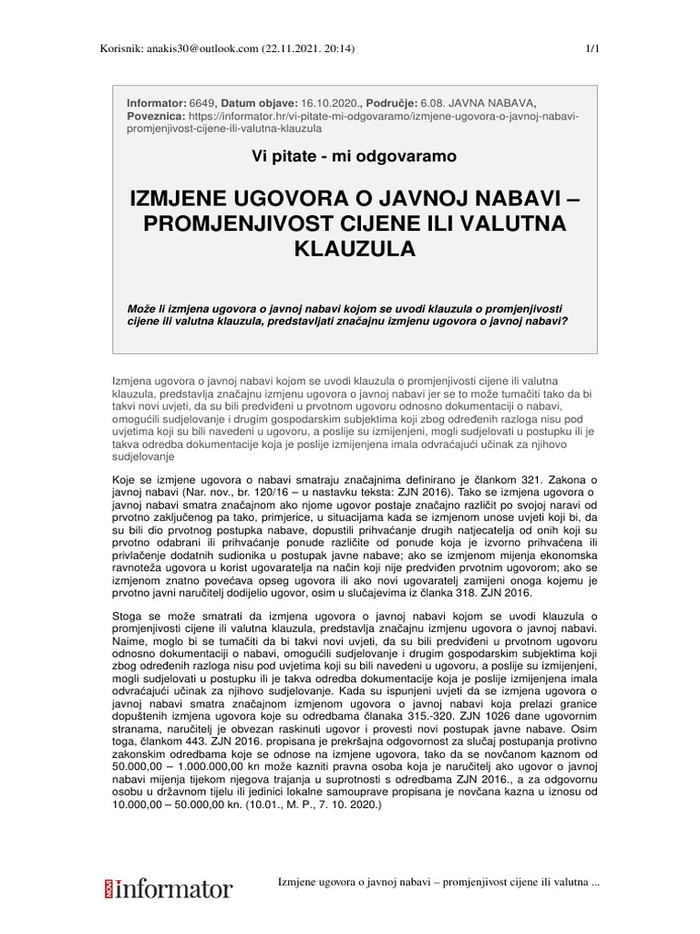 Izmjene Ugovora o Javnoj Nabavi - Promjenjivost Cijene Ili Valutna Klauzula | PDF