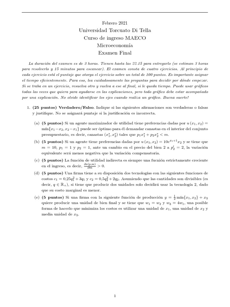 Microeconomía Examen Final Febrero 2021 | PDF | Monopolio | Microeconomía