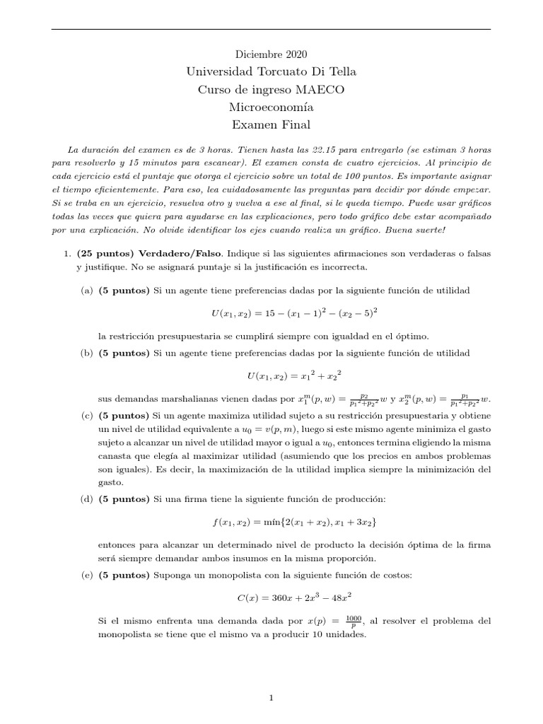 Microeconomía_Examen_Final_Diciembre_2020 | PDF | Monopolio | Mercado (economía)