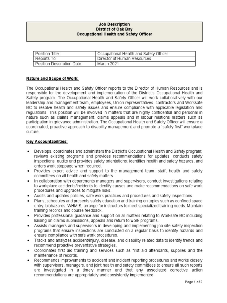 JD - Occupational Health and Safety Officer | PDF | Occupational Safety ...