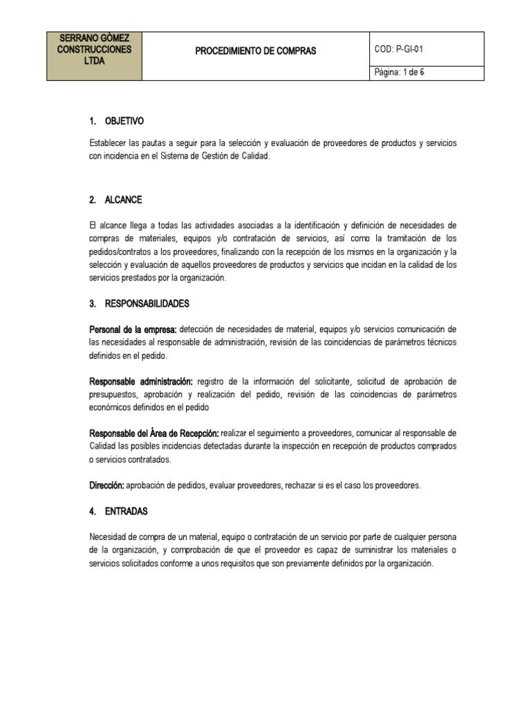 Plan de Procedimiento de Compras | PDF | Calidad (comercial) | Business