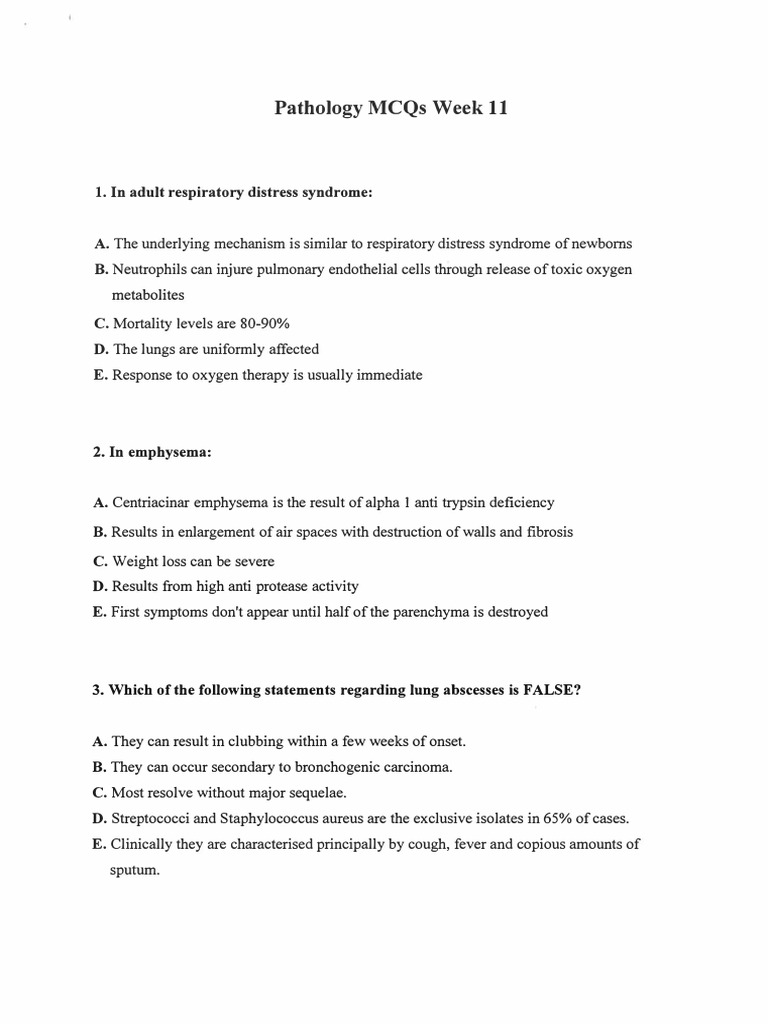 Pathology Mcqs Week 11: 1. in Adult Respiratory Distress Syndrome | PDF ...