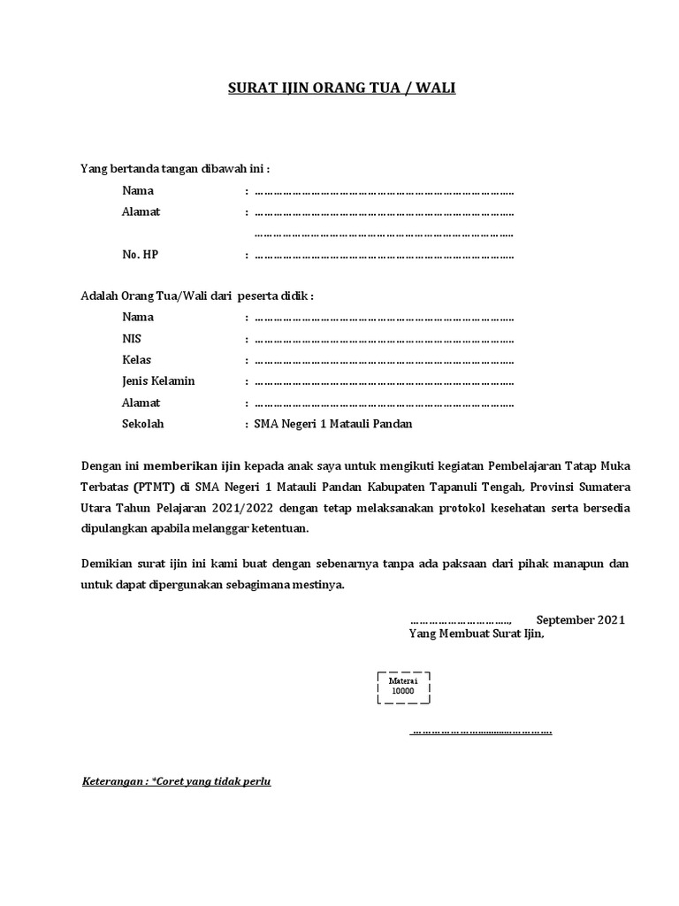 Surat Pernyataan Orang Tua PTMT Matauli | PDF