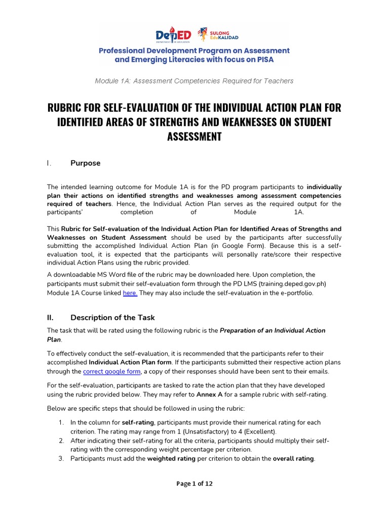 Rubric For Self-Evaluation of The Individual Action Plan For Identified ...