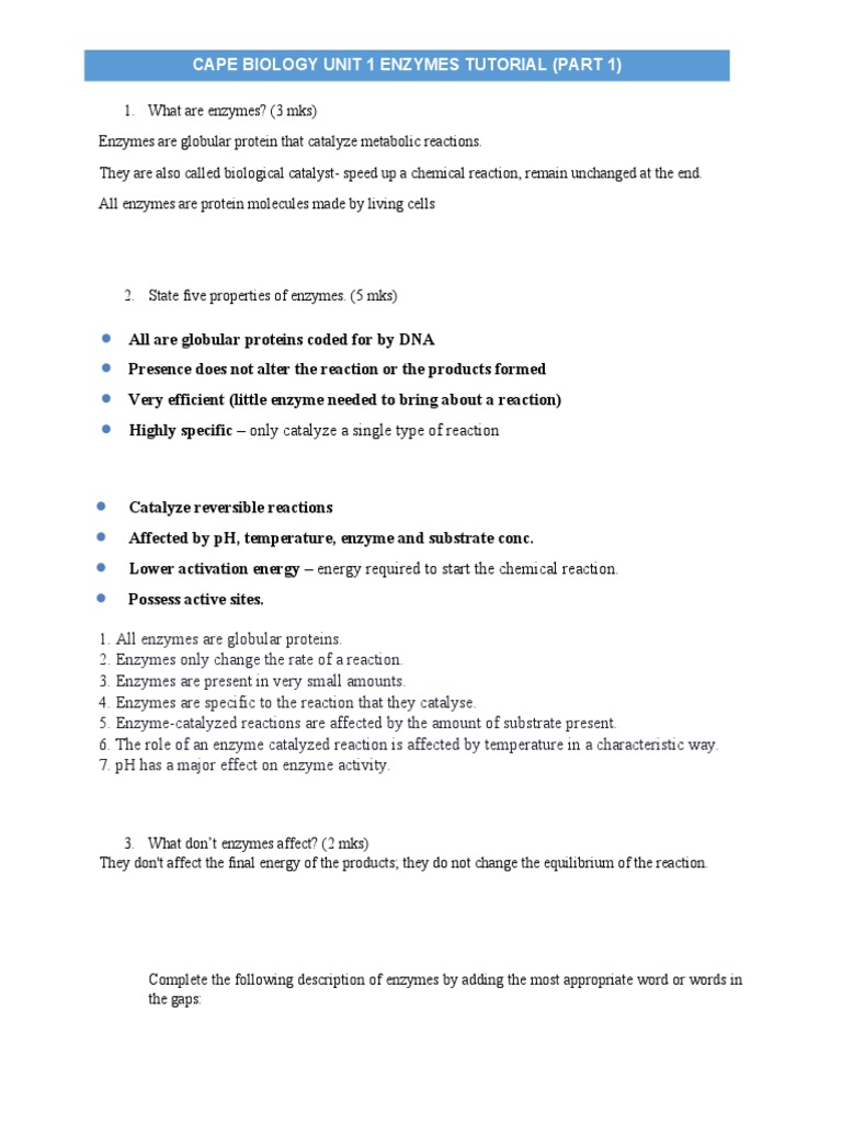 Enzymes Tutorial Part 1 And 2 Pdf Enzyme Enzyme Inhibitor