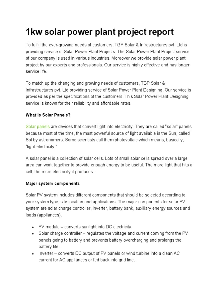 1KW Solar Power Plant Project Report | PDF | Solar Power | Photovoltaics