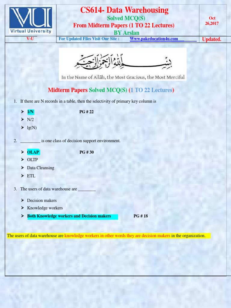 CS614 MidTerm MCQs Solved by Arslan | PDF | Data Warehouse ... CS614 MidTerm MCQs Solved by Arslan | PDF | Data Warehouse ...