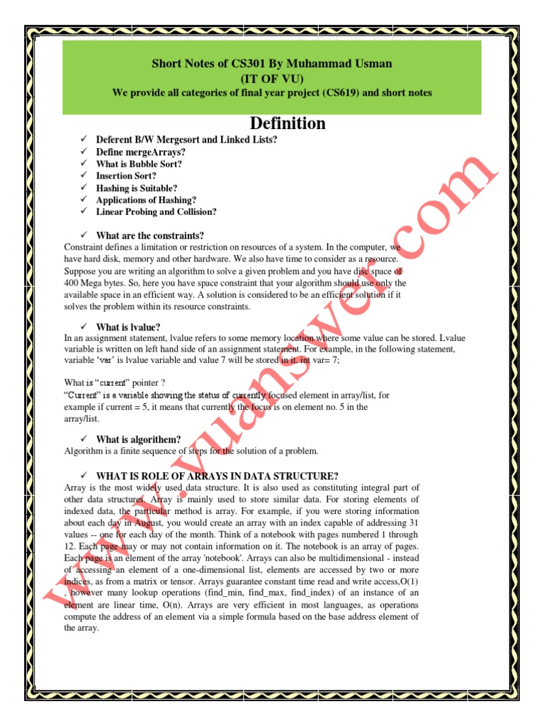 CS301 IMP Short Notes | PDF | Array Data Structure | Pointer (Computer ... CS301 IMP Short Notes | PDF | Array Data Structure | Pointer (Computer ...