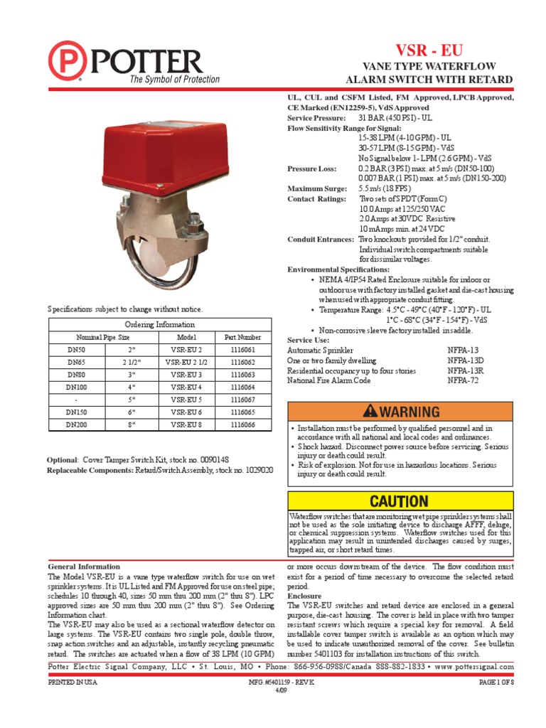 Waterflow Switch VSR - Potter Electric | PDF | Pipe (Fluid Conveyance ...