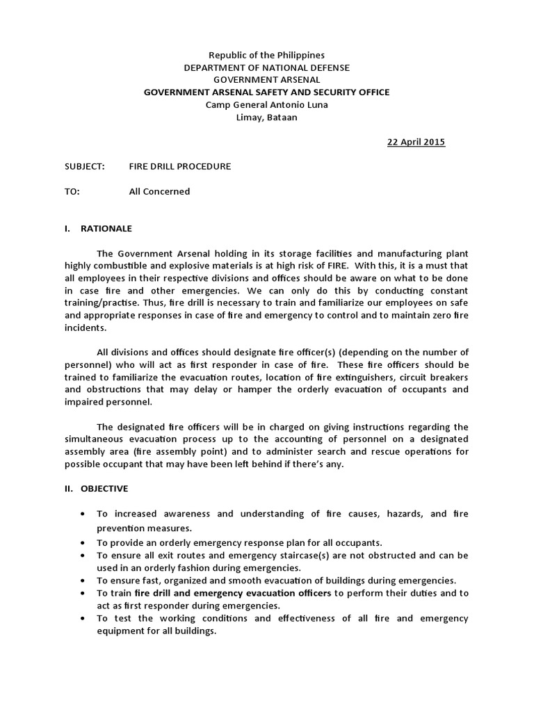 Fire Drill Procedure and Evacuation Plan for the Government Arsenal ...