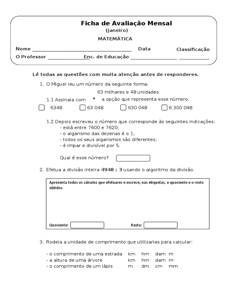 Teste de Matemática 4º Ano | PDF | Matemática