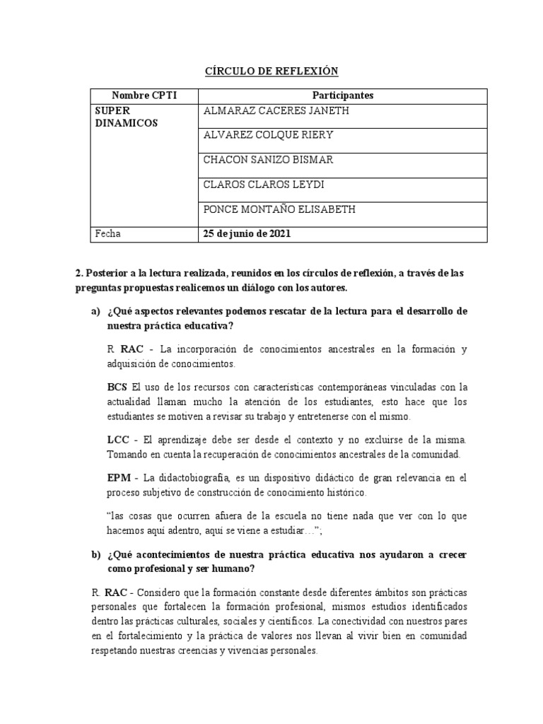 Trabajo Circulo de Reflexion SUPER DINAMICOS (Corregido) | PDF | Aprendizaje | Sicología