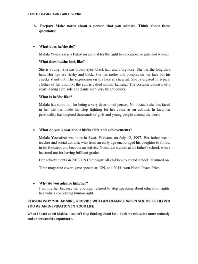 Writing Activity - The Person I Admire The Most. | PDF | Malala Yousafzai