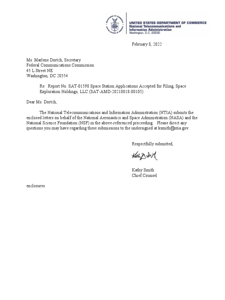 NTIA, NASA, NSF Letter To FCC Regarding Starlink Gen 2 | PDF | Nasa ...