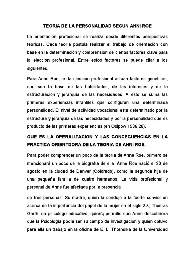 La teoría de la personalidad y la orientación profesional según Anne ...