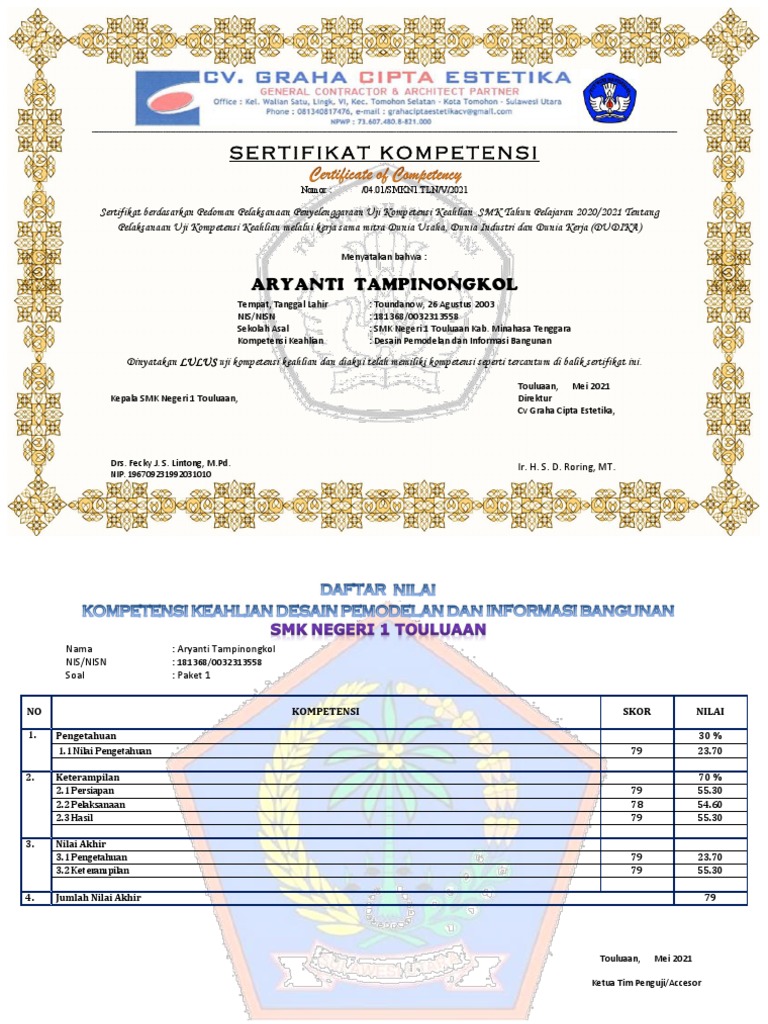 Sertifikat Uji Kompetensi Aryanti 2021 | PDF