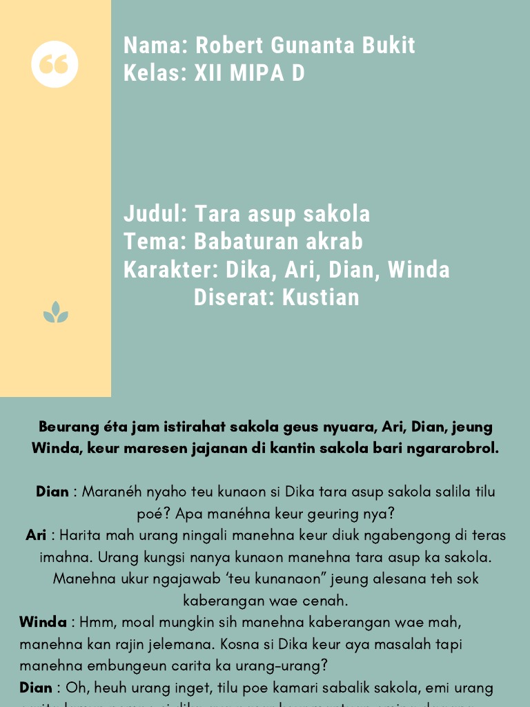Judul Tara Asup Sakola Tema Babaturan Akrab Karakter Dika, Ari, Dian, Winda Diserat Kustian ...