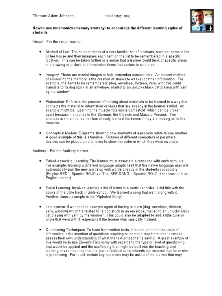 How To Use Mnemonics (Memory Strategy) To Encourage The Different ...
