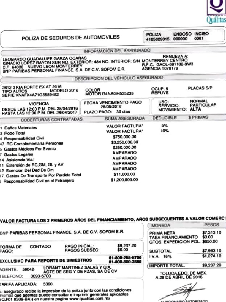 Póliza de Seguro Vehicular 2016 | PDF | Seguro | Servicios financieros
