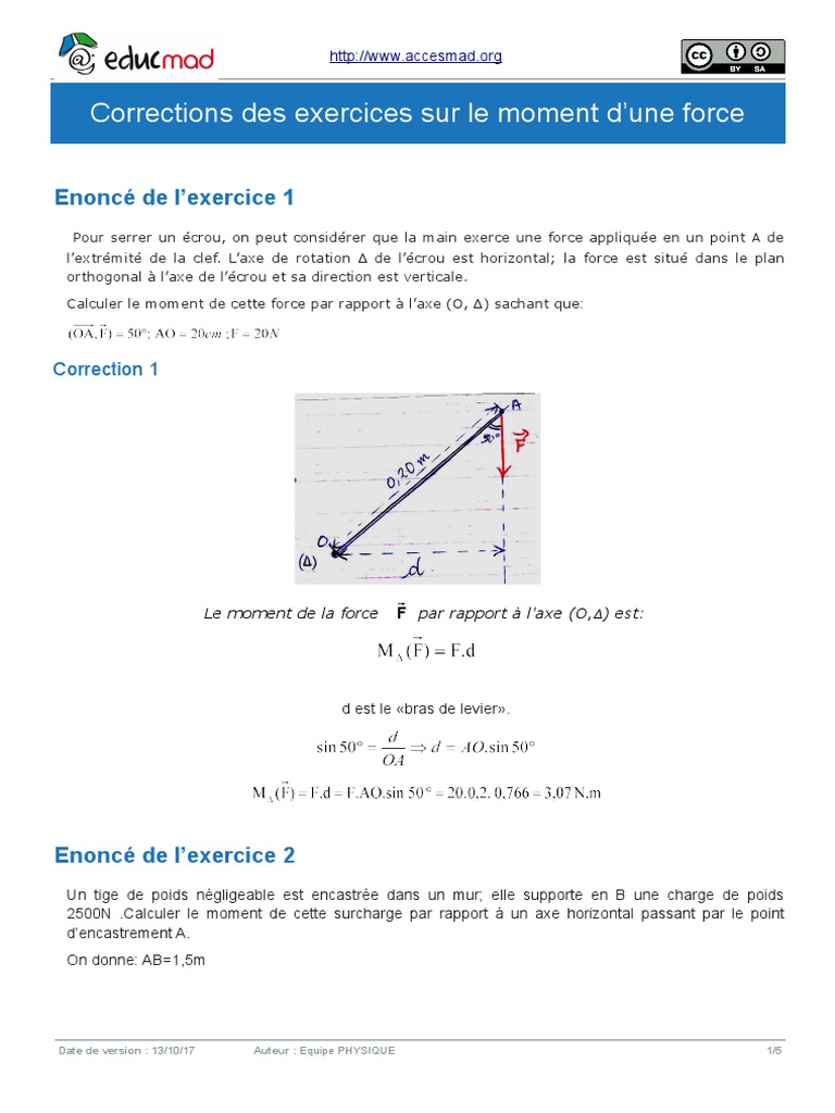 Exercices corrigés sur le moment de force | PDF | Moment d'une force ...