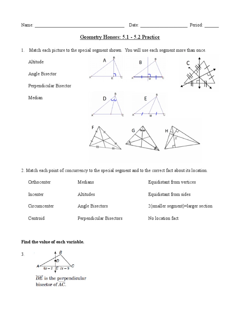 Geometry Honors: 5.1 - 5.2 Practice: Find The Value of Each Variable | PDF