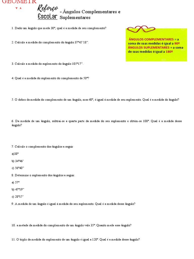 Problemas de Ângulos: Complementares e Suplementares | PDF