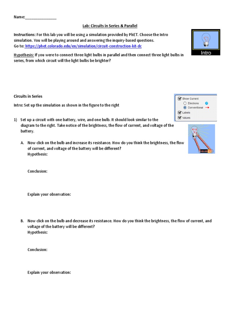 PhET - Circuit Lab Parallel & Series (Inquiry Activity) | PDF | Series ...