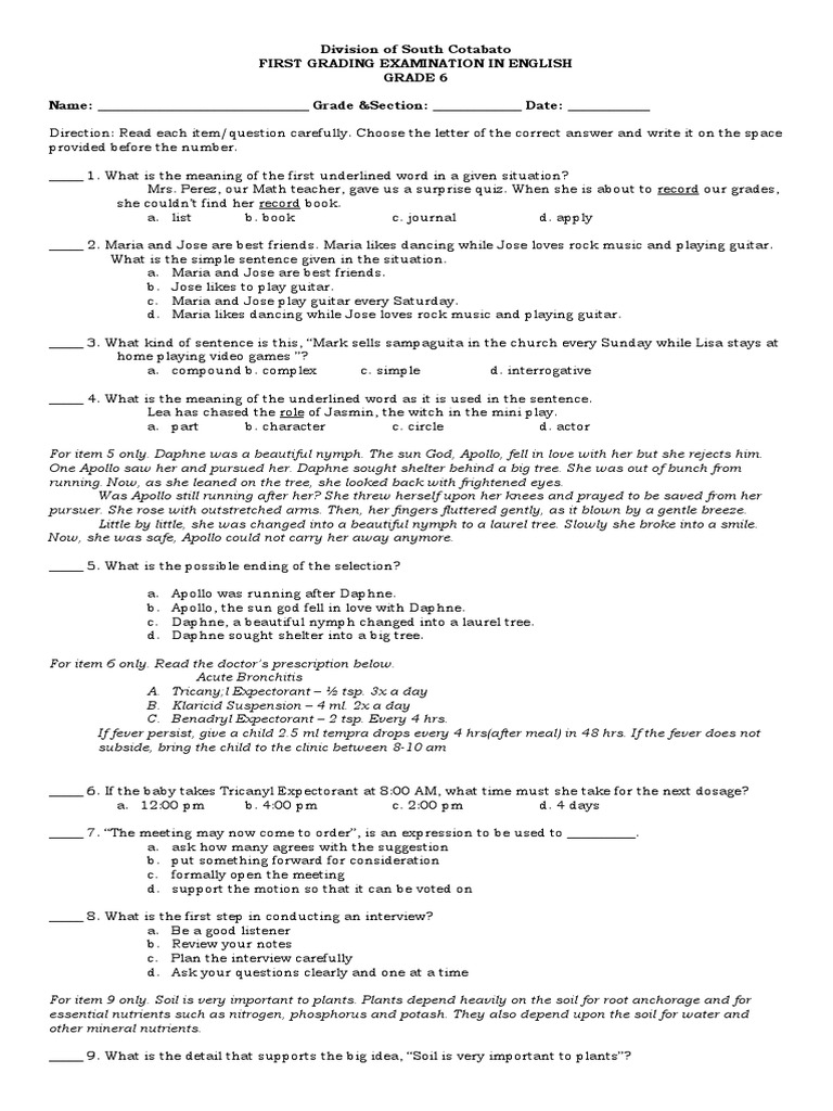 Division of South Cotabato First Grading Examination in English Grade 6 Name: - Grade §ion ...