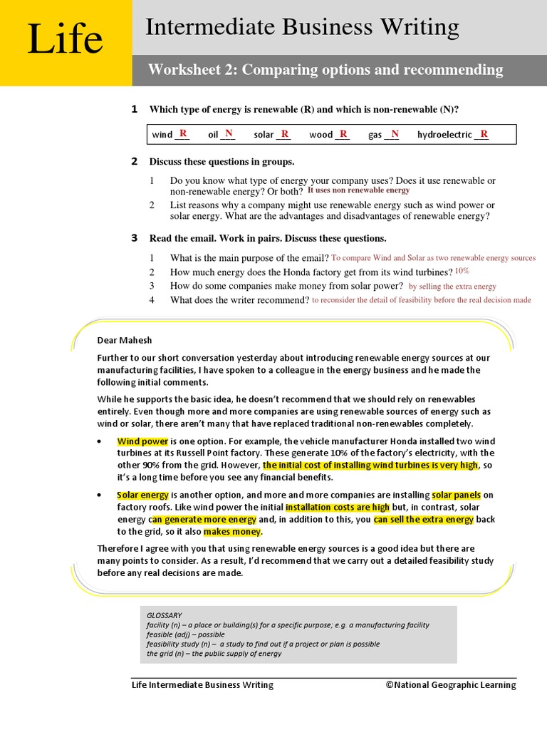 Intermediate Business Writing: Worksheet 2: Comparing Options and ...