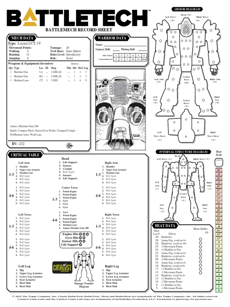 Battlemech Record Sheet: 'Mech Data Warrior Data | PDF