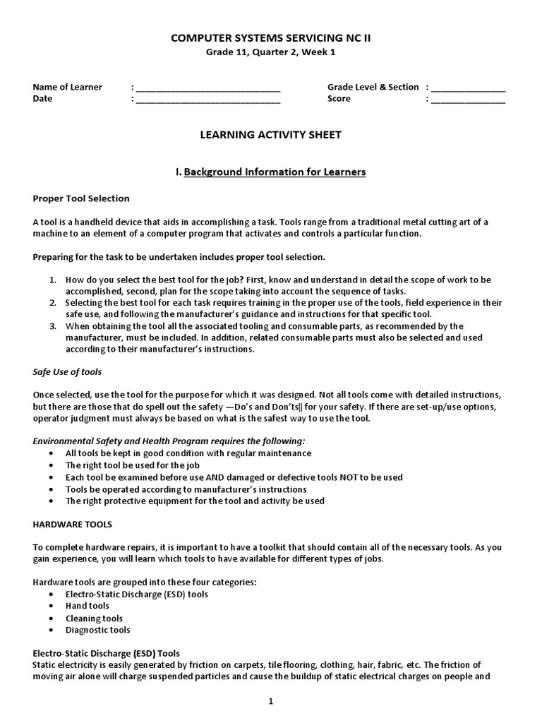 LAS - CSS 11 - Q2 - Week1 (Using Hand Tools) | PDF | Electrostatic Discharge | Electrical ...