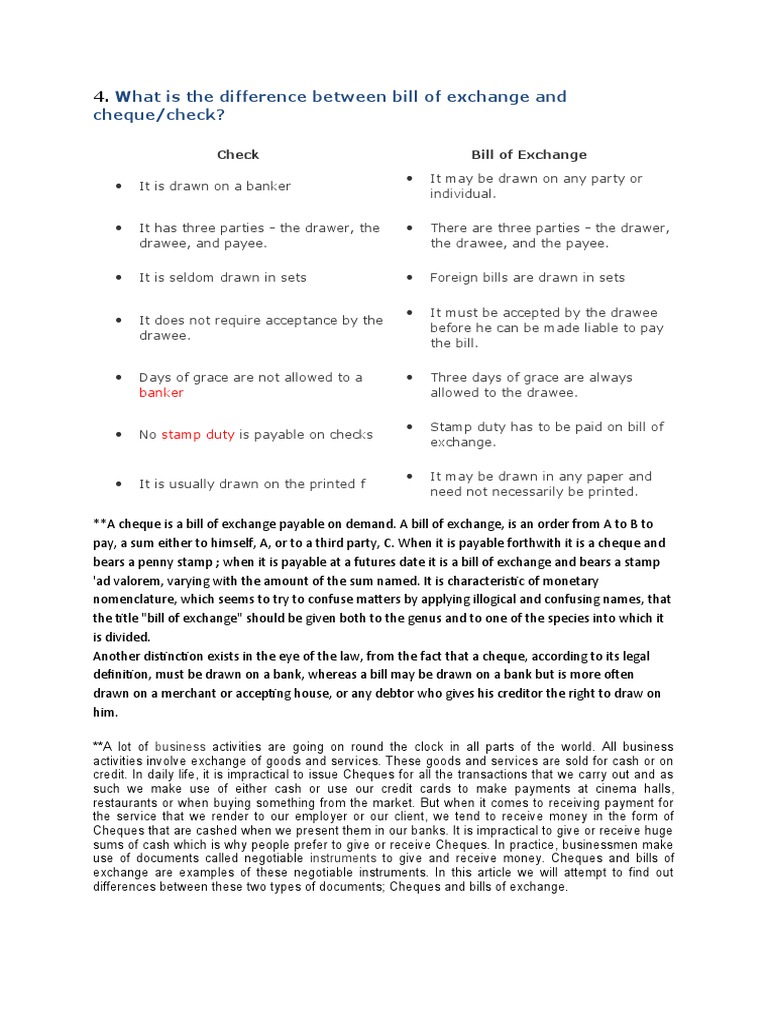 What Is The Difference Between Bill of Exchange and Cheque | PDF ...
