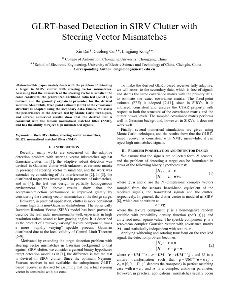 GLRT-based Detection in SIRV Clutter With Steering Vector Mismatches | PDF | Normal Distribution ...
