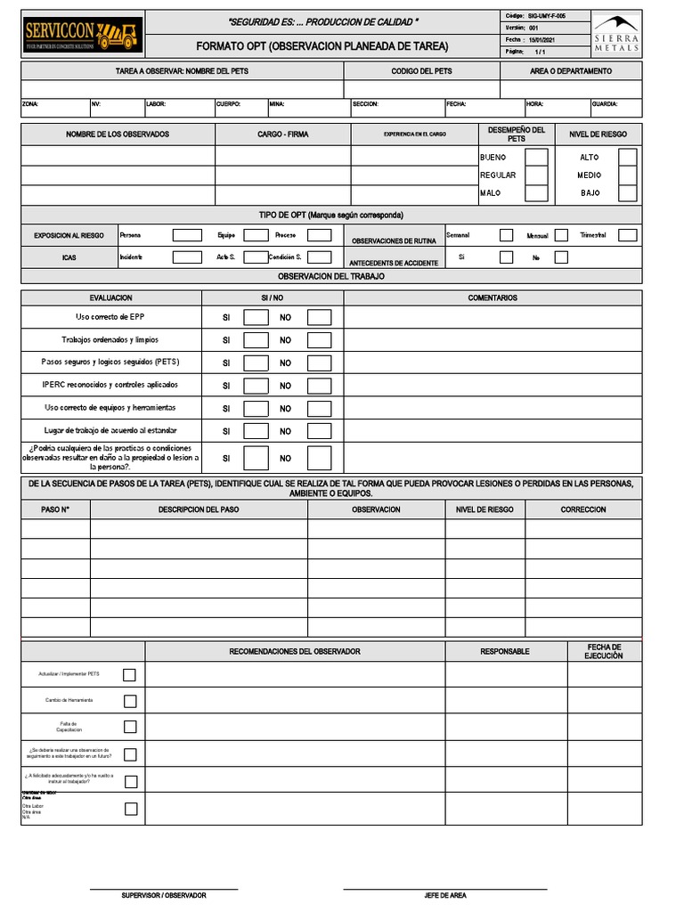 Formato Opt (Observacion Planeada de Tarea) | PDF