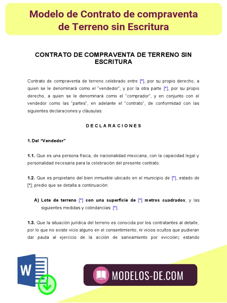 Modelo de Contrato Compraventa Terreno Sin Escritura | PDF | Derecho contractual | Conceptos legales