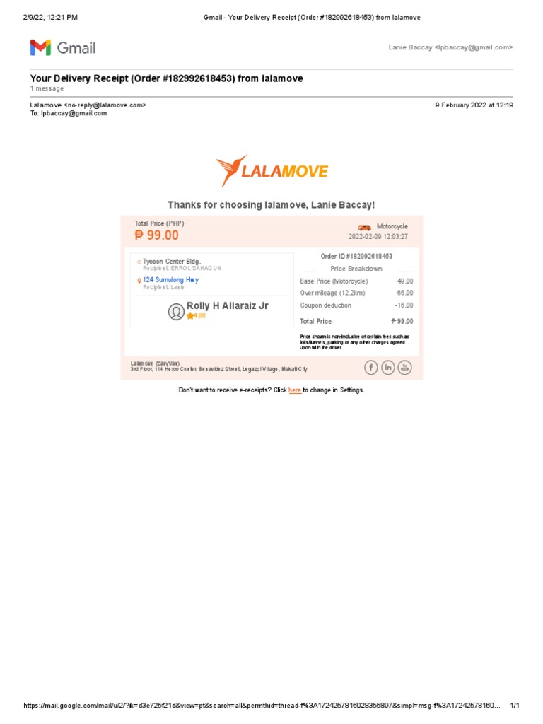 Lalamove Delivery Receipt Overview | PDF