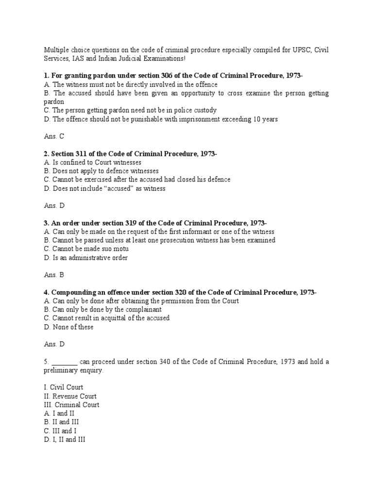 CRPC MCQ Part 1 | PDF | Criminal Procedure In South Africa | Justice
