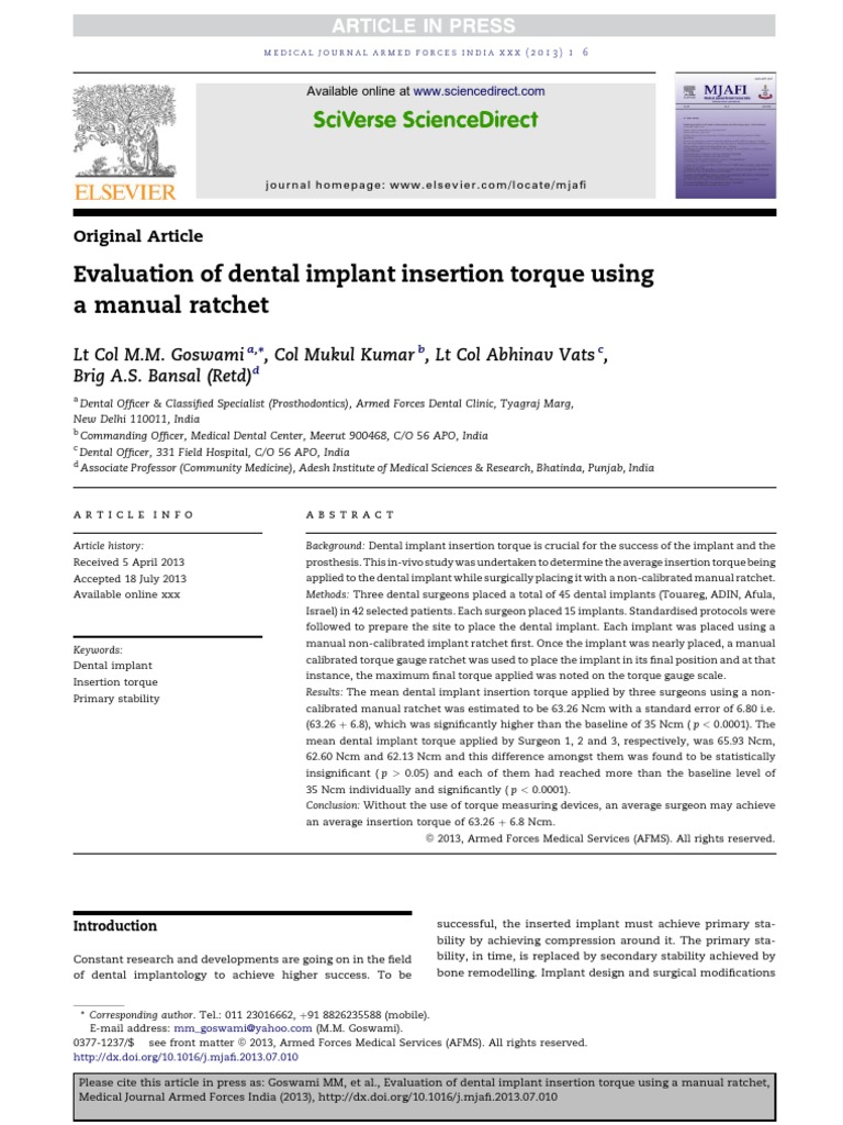 Evaluation of Dental Implant Insertion Torque Using A Manual Ratchet ...