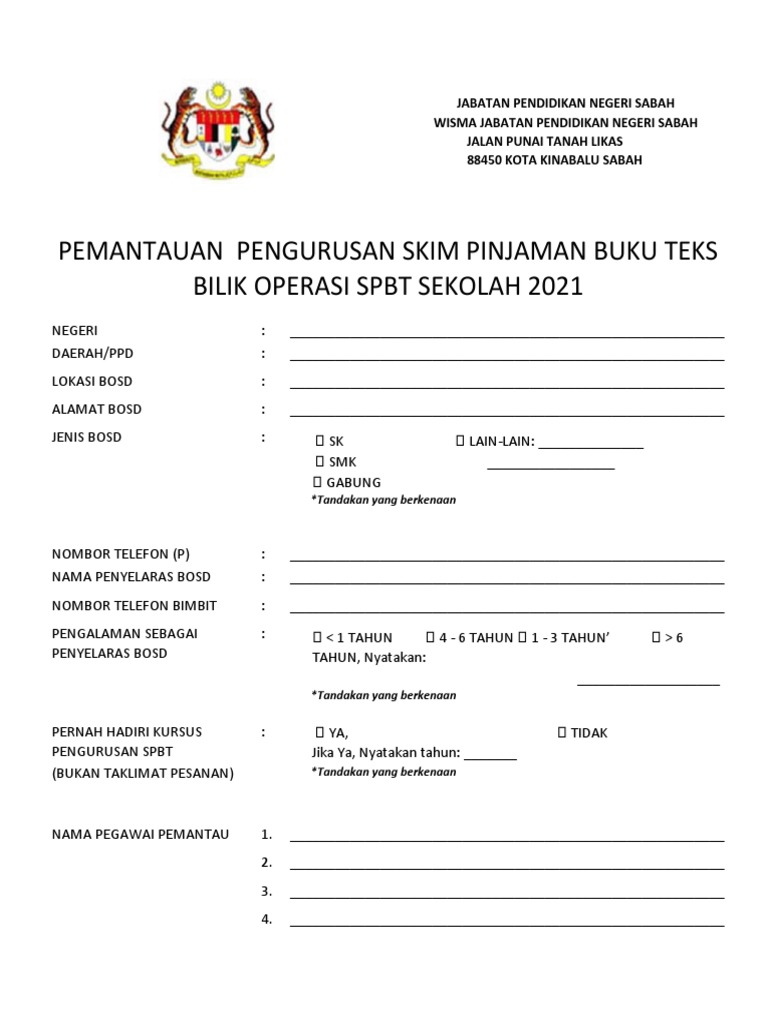 Instrumen Pemantauan Pengurusan SPBT Sekolah 2021 | PDF