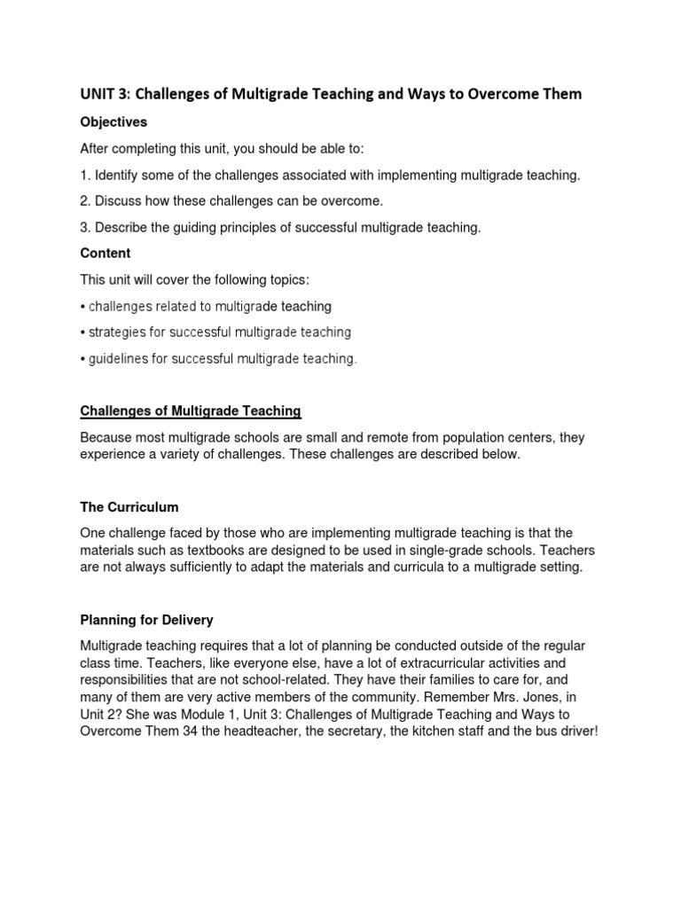 UNIT 3 Challenges of Multigrade Teaching and Ways To Overcome Them ...