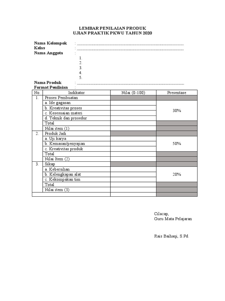 Lembar Penilaian Produk Pkwu 2020 | PDF