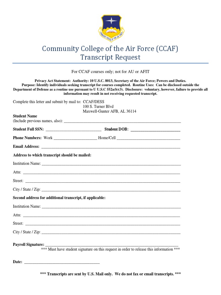 Community College of The Air Force (CCAF) Transcript Request | PDF