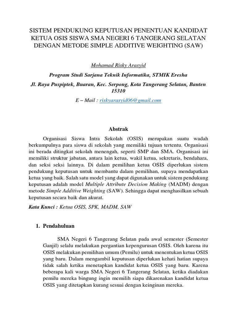 SPK Penentuan Kandidat Ketua Osis Siswa Sma Negeri 6 Tangerang Selatan ...