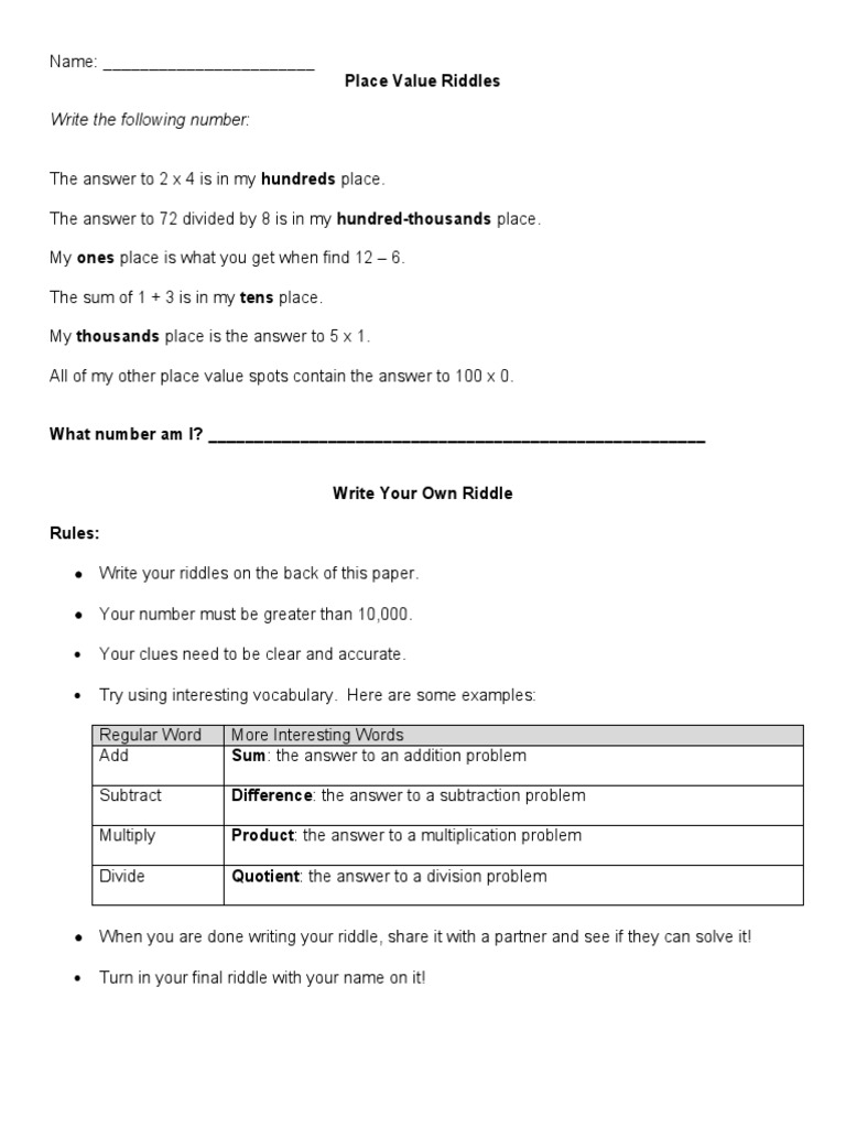 Place Value Riddles 3rd Grade | PDF