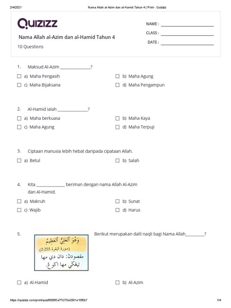 Nama Allah Al-Azim Dan Al-Hamid Tahun 4 - Print - Quizizz, 22.1.21 | PDF
