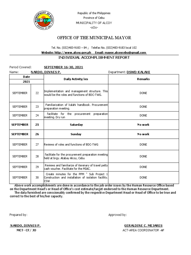 Office of The Municipal Mayor: Individual Accomplishment Report | PDF