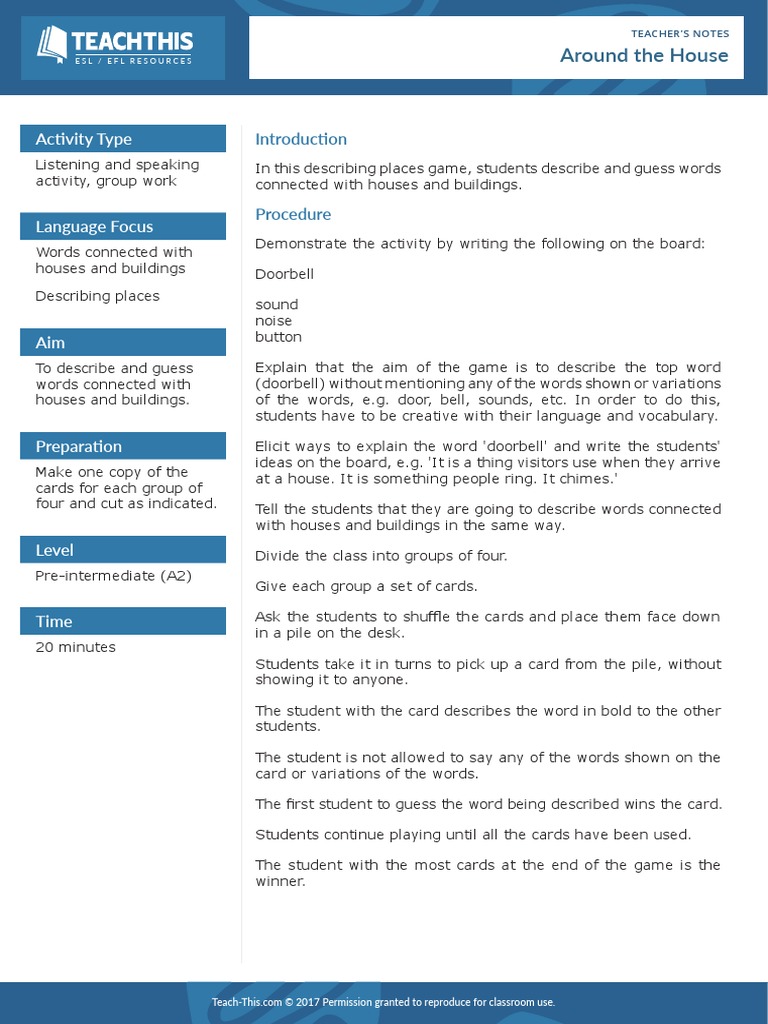 Around The House: Activity Type | PDF | English As A Second Or Foreign ...